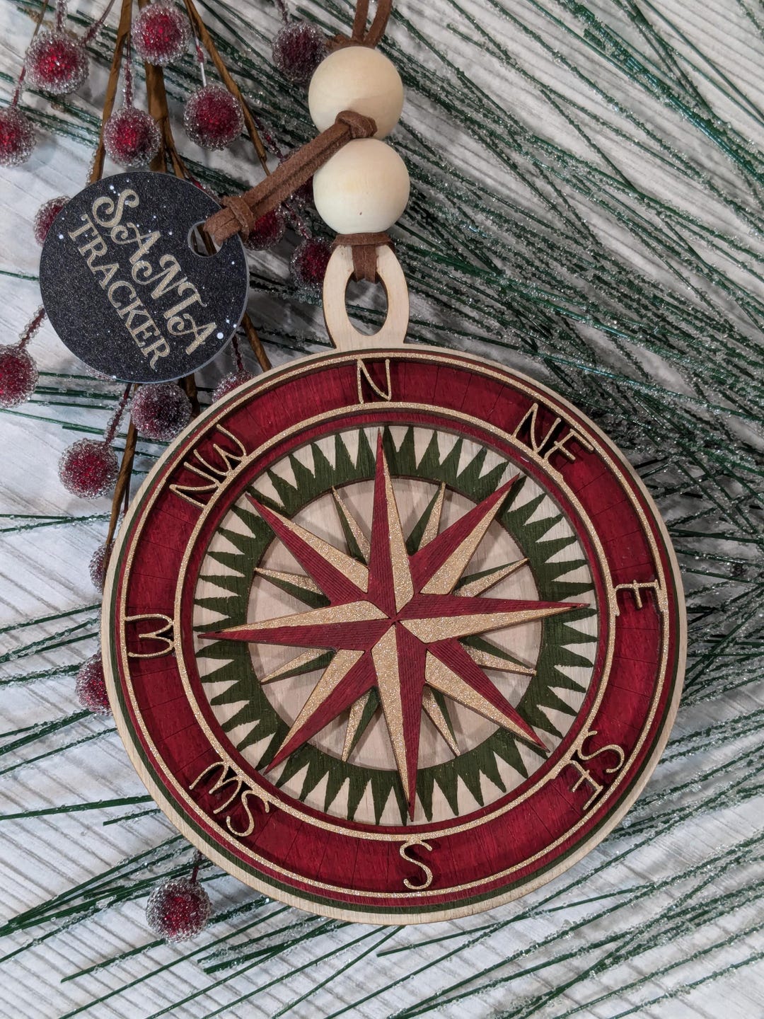 Hand-painted Compass Wooden Ornament, Santa Tracker QR Code, Christmas ...