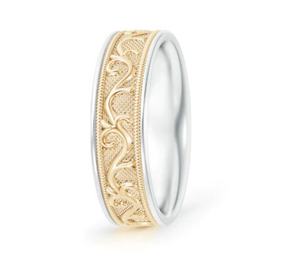 Embossed Vine Pattern Milgrain-Edge Wedding Band in Two Tone | Etsy