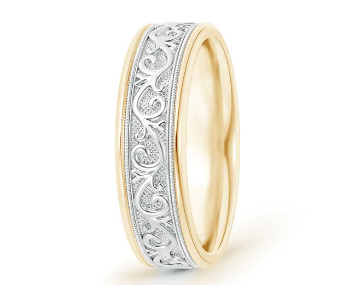 Engraved Vine Pattern Milgrain-edge Men's Wedding Band in Two Tone - Etsy