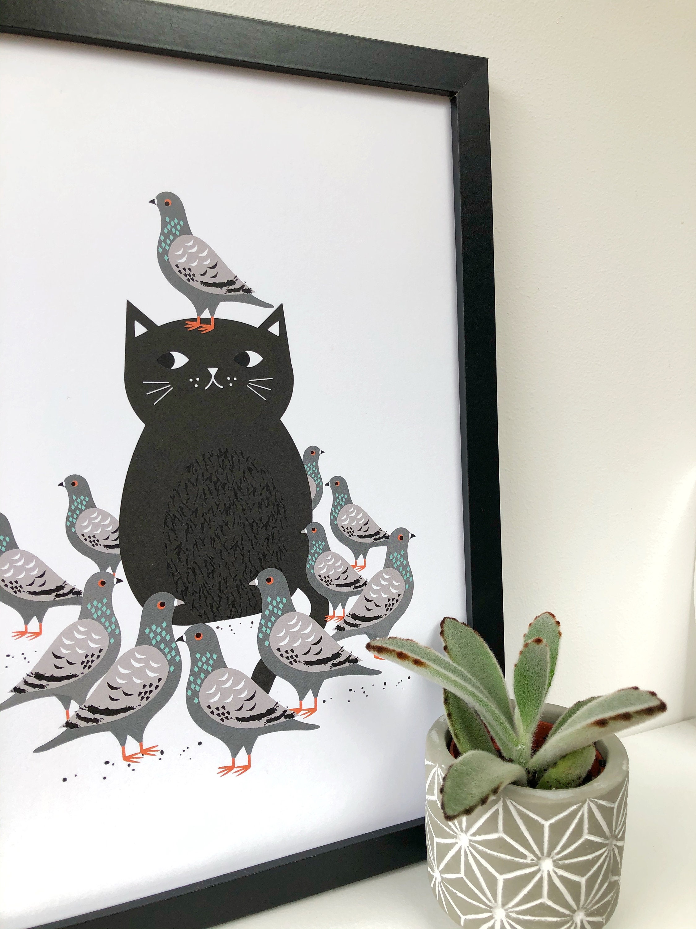 Cat Amongst The Pigeons Cat and Birds Print Cat Wall Art | Etsy