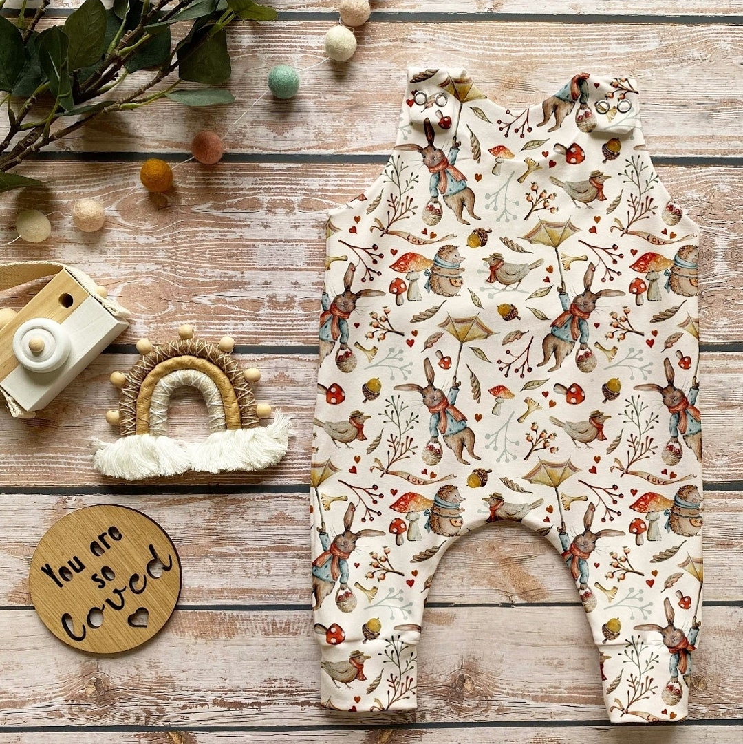 Autumn Rabbit Romper, Bunny Print Stretch Jersey Romper, Gender Neutral, Baby Toddler Full Leg ...