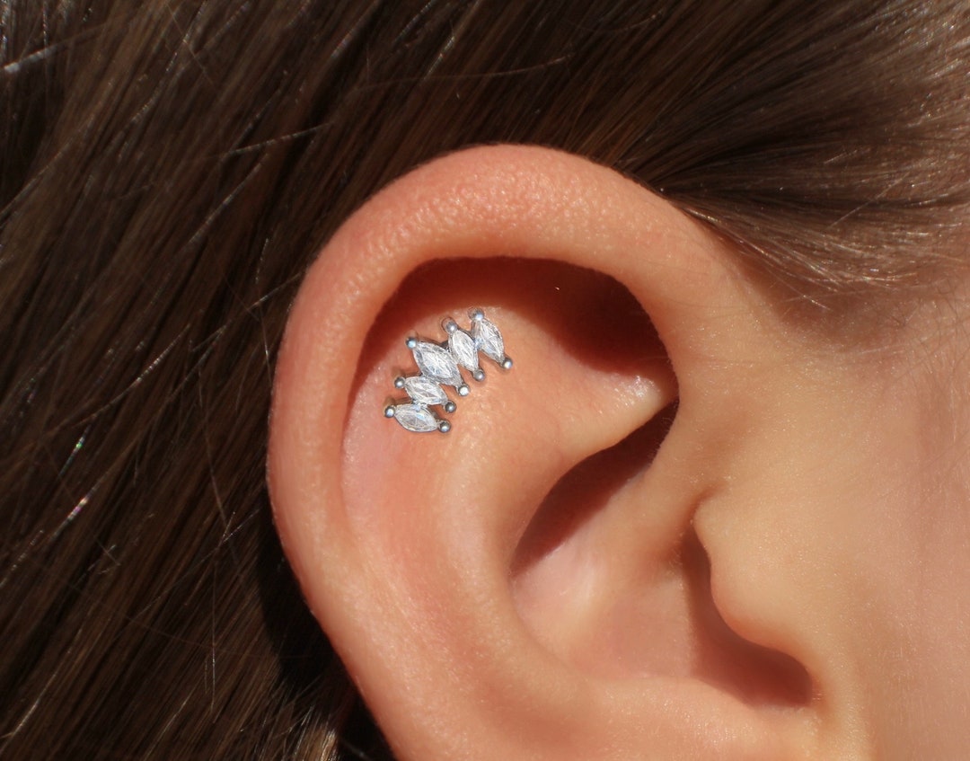 Marquise Sterling Silver Labret, Cartilage Flat Back Stud, 16 Gauge ...