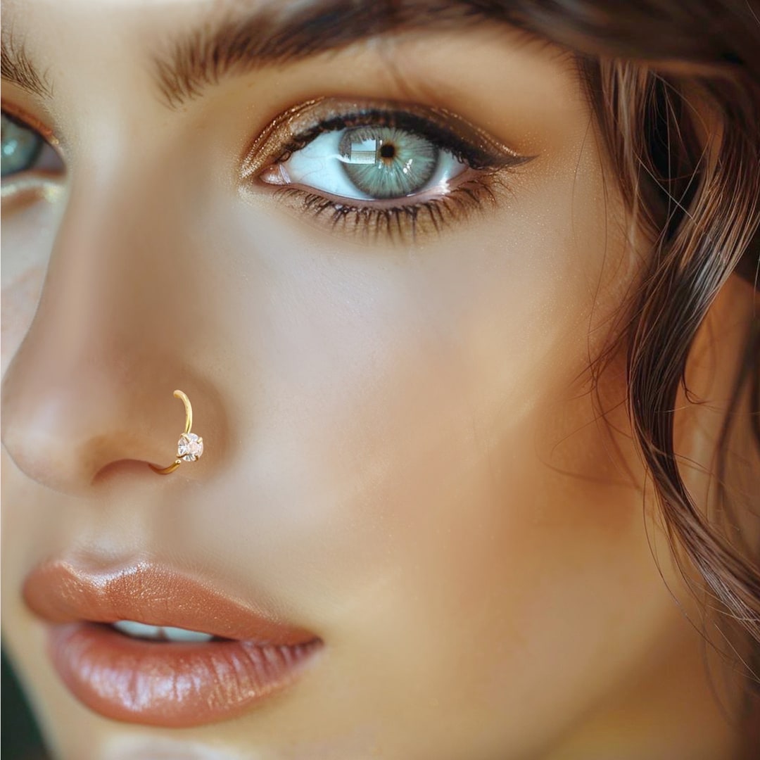 Diamond Gold Nose Ring, 6mm, 8mm Open Nose Hoop, 2mm Simulated Diamond ...