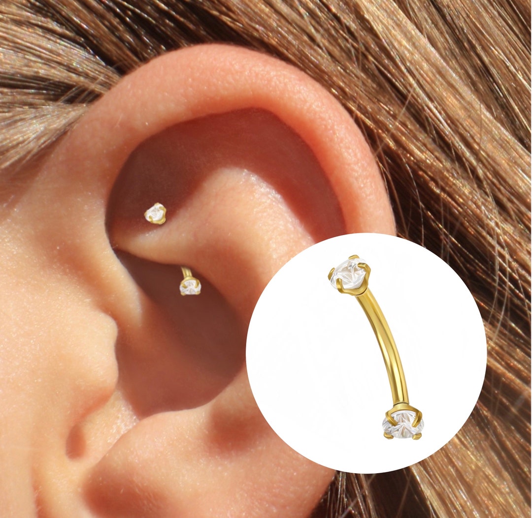24k Gold Titanium Rook Piercing, Diamond Curved Barbell, 16 Gauge, 5934 ...