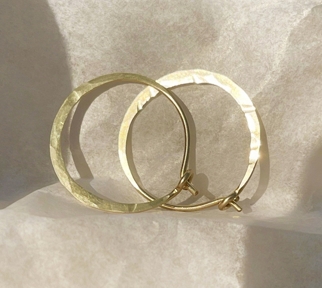 Gold Hammered Hoops, Handcrafted Gold Earrings, Boho Medium Hoops, Gold ...