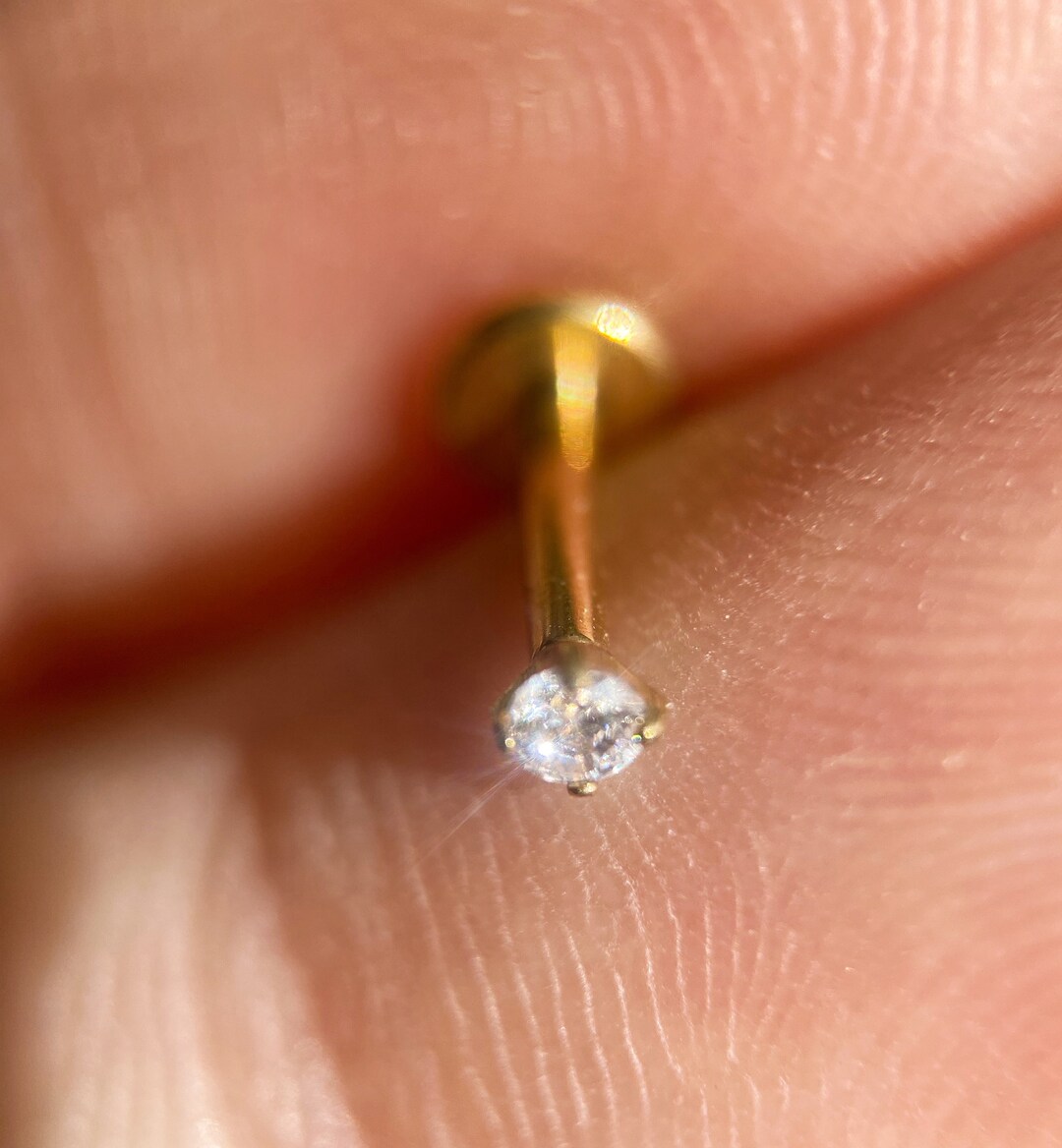 24k Gold Tiny Cartilage Diamond Flat Back Stud, Labret, Threadless Push ...