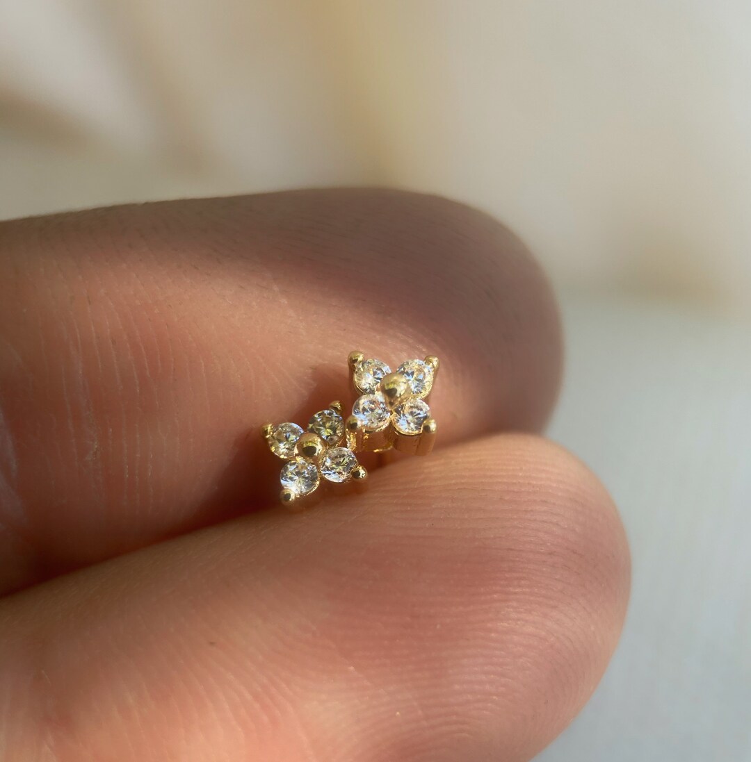 Micro 4 Petal Studs, Lab Created Diamond Studs, Silver Diamond Earrings ...