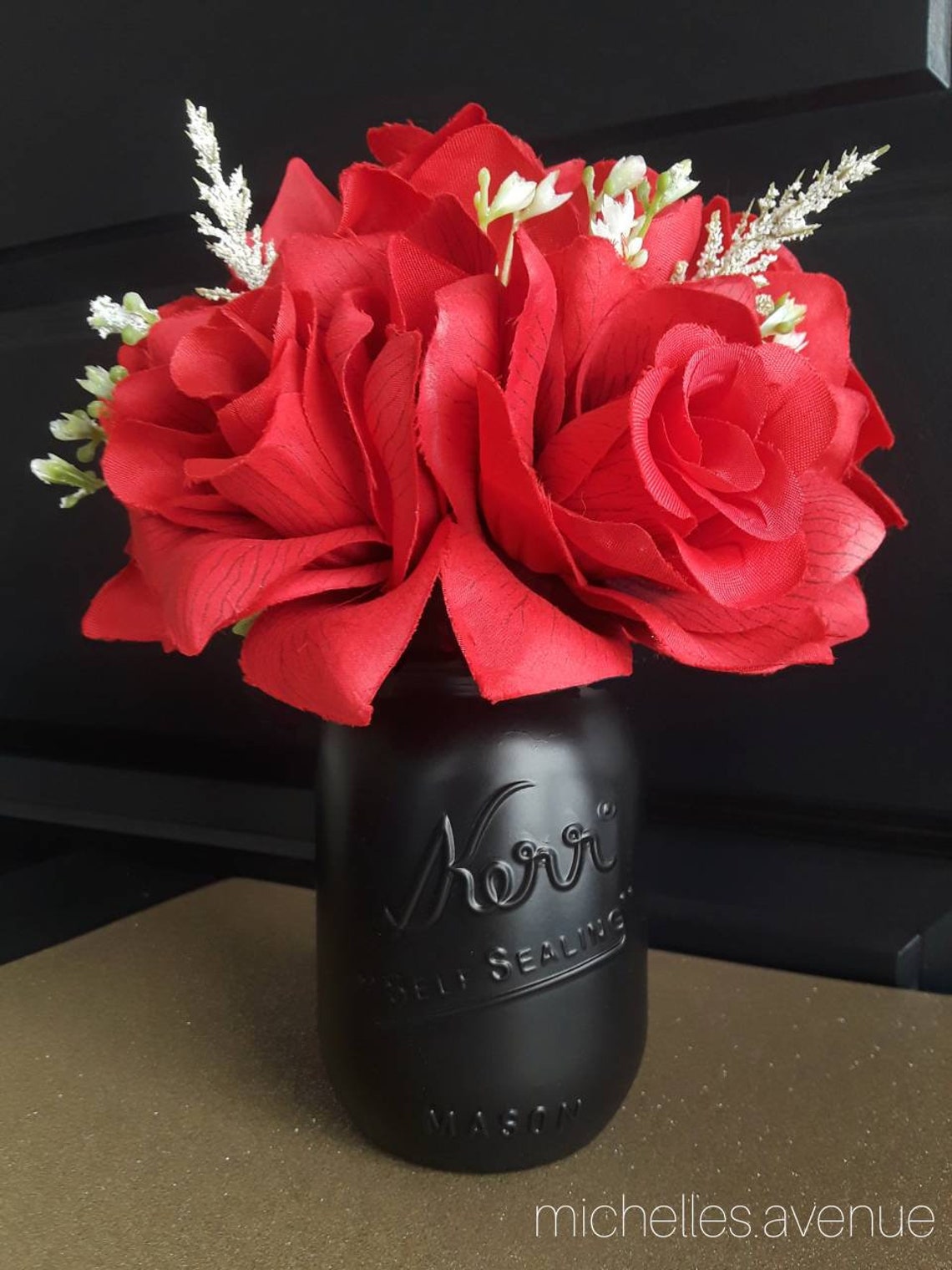 Matte Black Decor White Red Rose Black Mason Jar Black Wedding Party ...