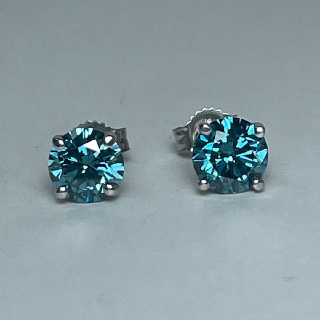 Lab Grown / Created Blue Diamond Round Stud Earrings 14kt White Gold 1 ...