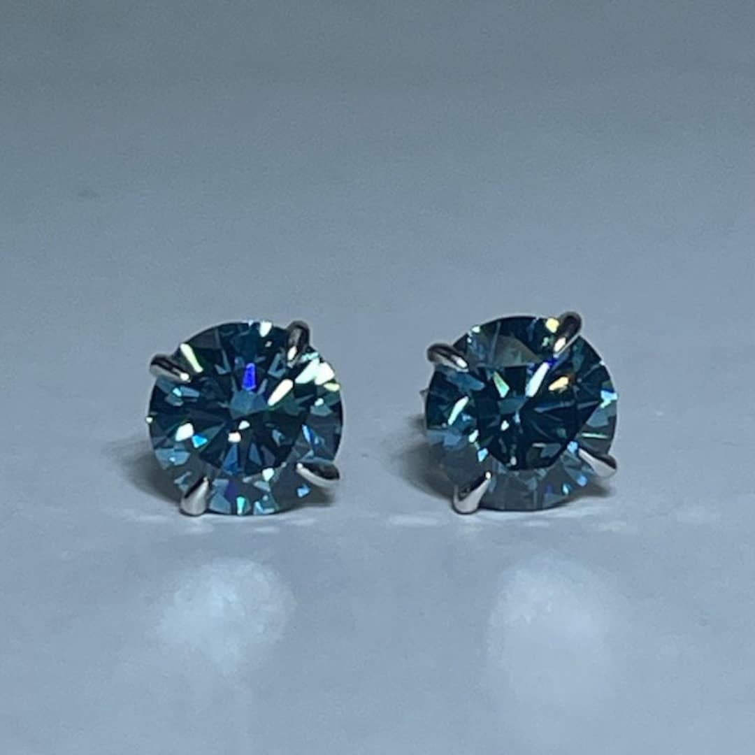 Lab Grown / Created Blue Diamond Round Stud Earrings 14kt White Gold 2 ...