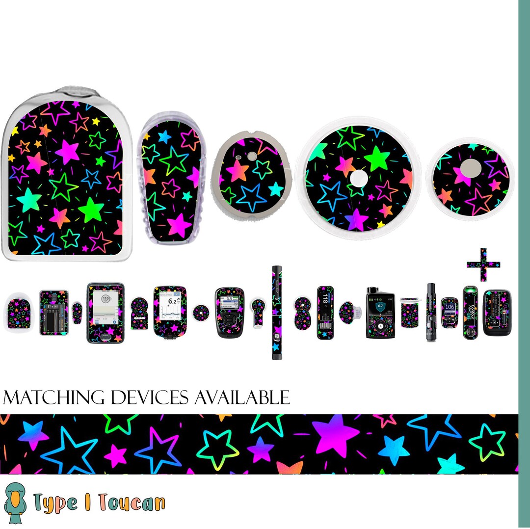 Neon Effect Stars Diabetes Stickers Rainbow on Black Night Dexcom G6 ...