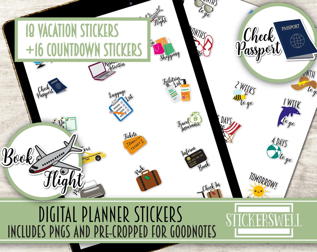 Vacation Digital Planner Stickers, Pre-cropped Stickers, 18 ...