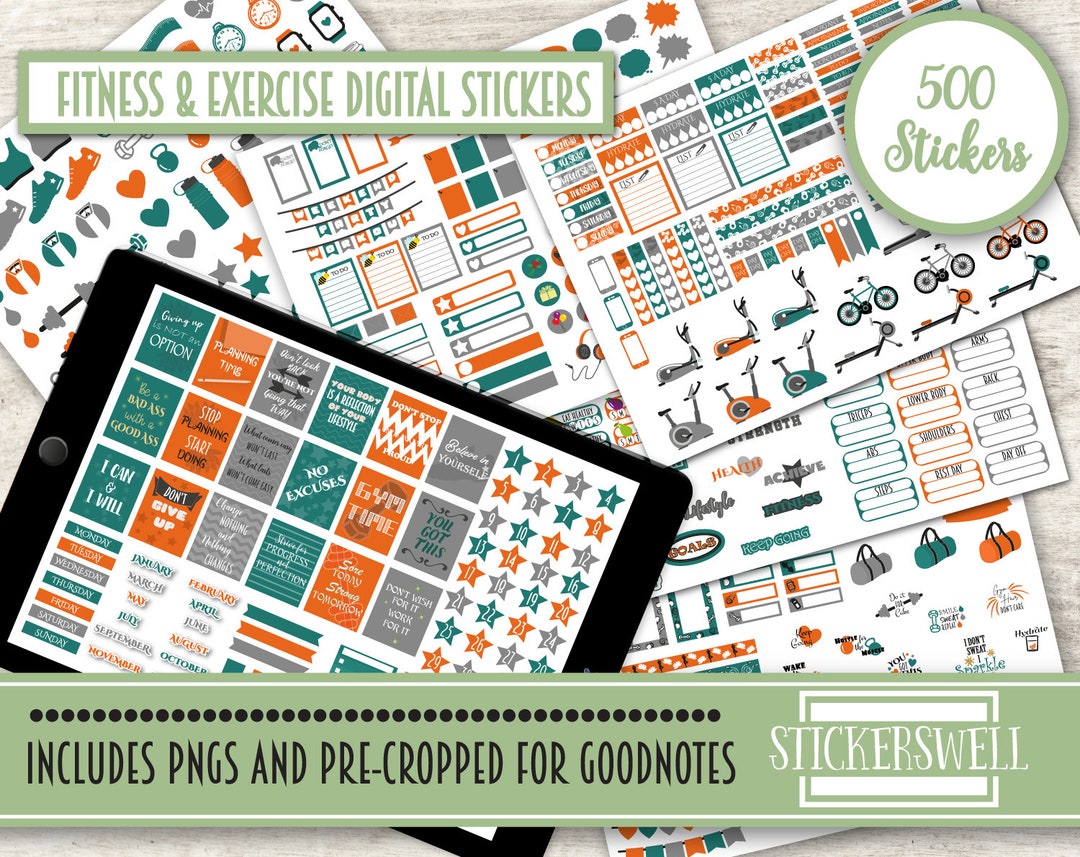 Fitness Digital Planner Stickers, 500 Pre-cropped Fitness and Exercise ...