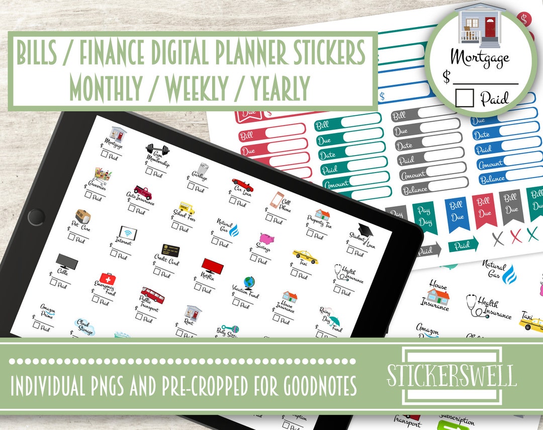 Bills Stickers, Digital Planner Stickers, 100+ Pre-cropped Monthly ...