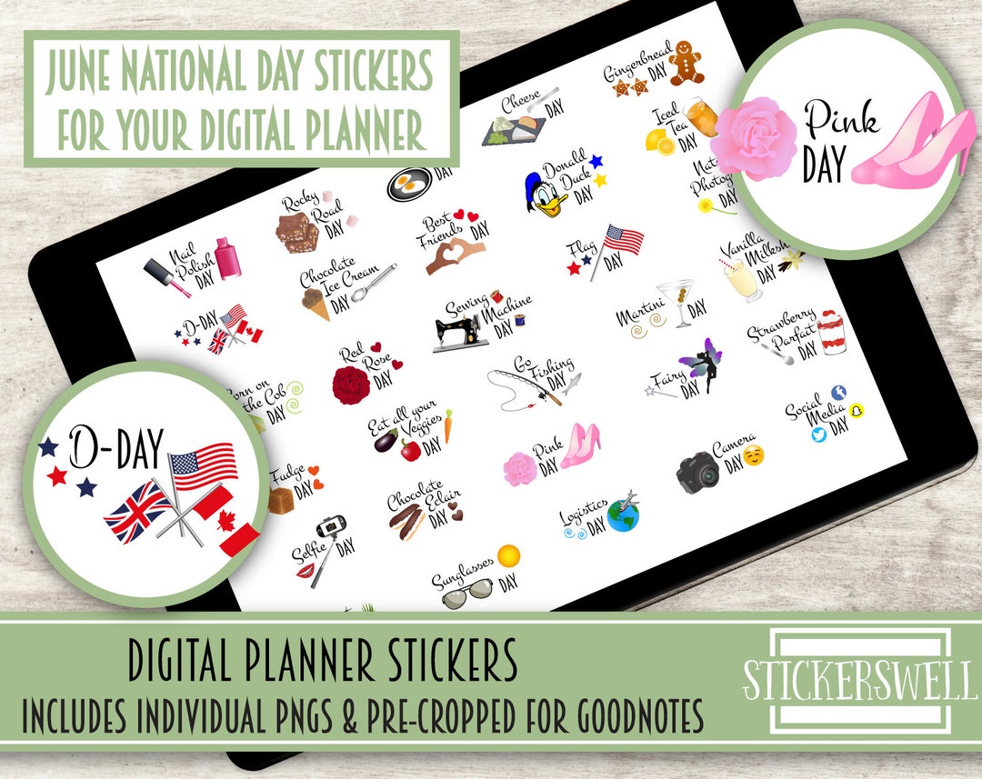 June National Day Digital Planner Stickers, Daily June Stickers, 30 Pre ...