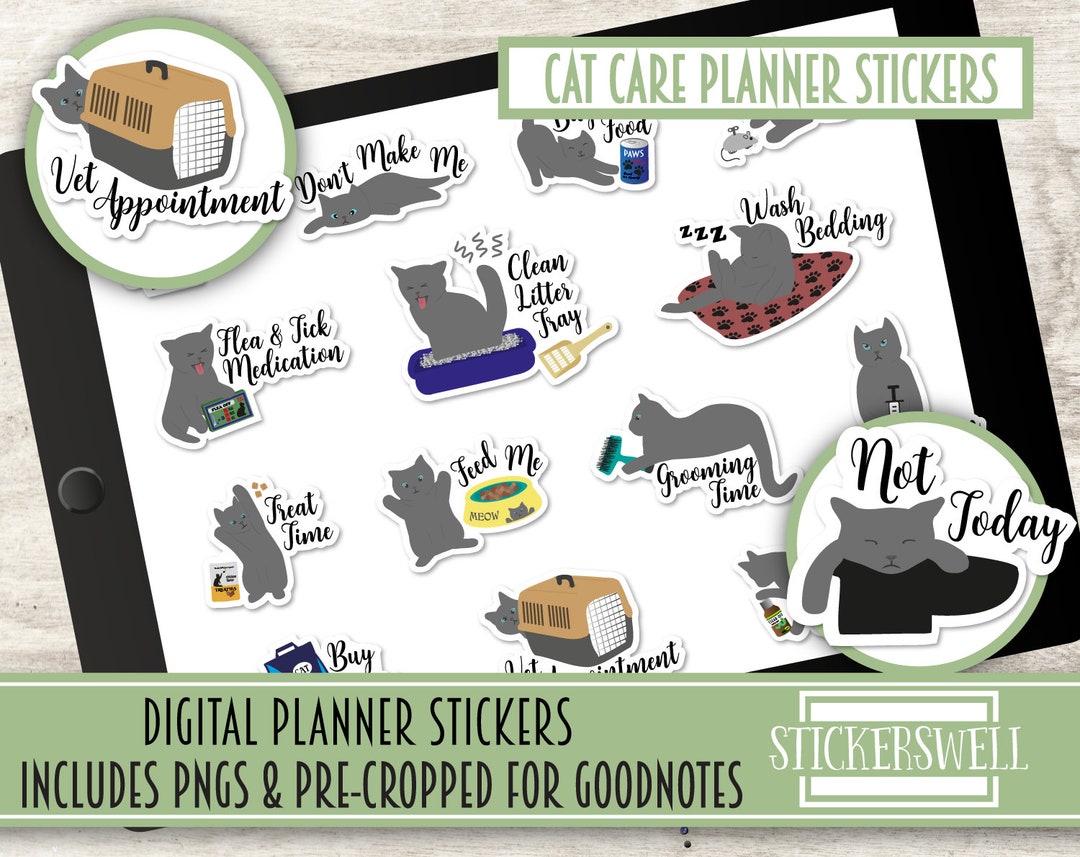 Cat Care Digital Planner Stickers, 14 Pre-cropped Cat Care Digital ...