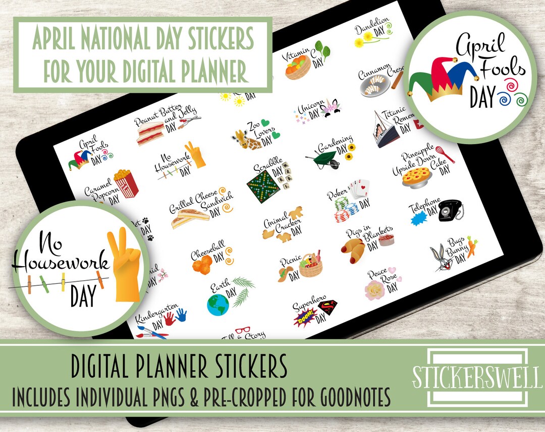 April National Day Digital Planner Stickers, Daily April Stickers, 30 ...