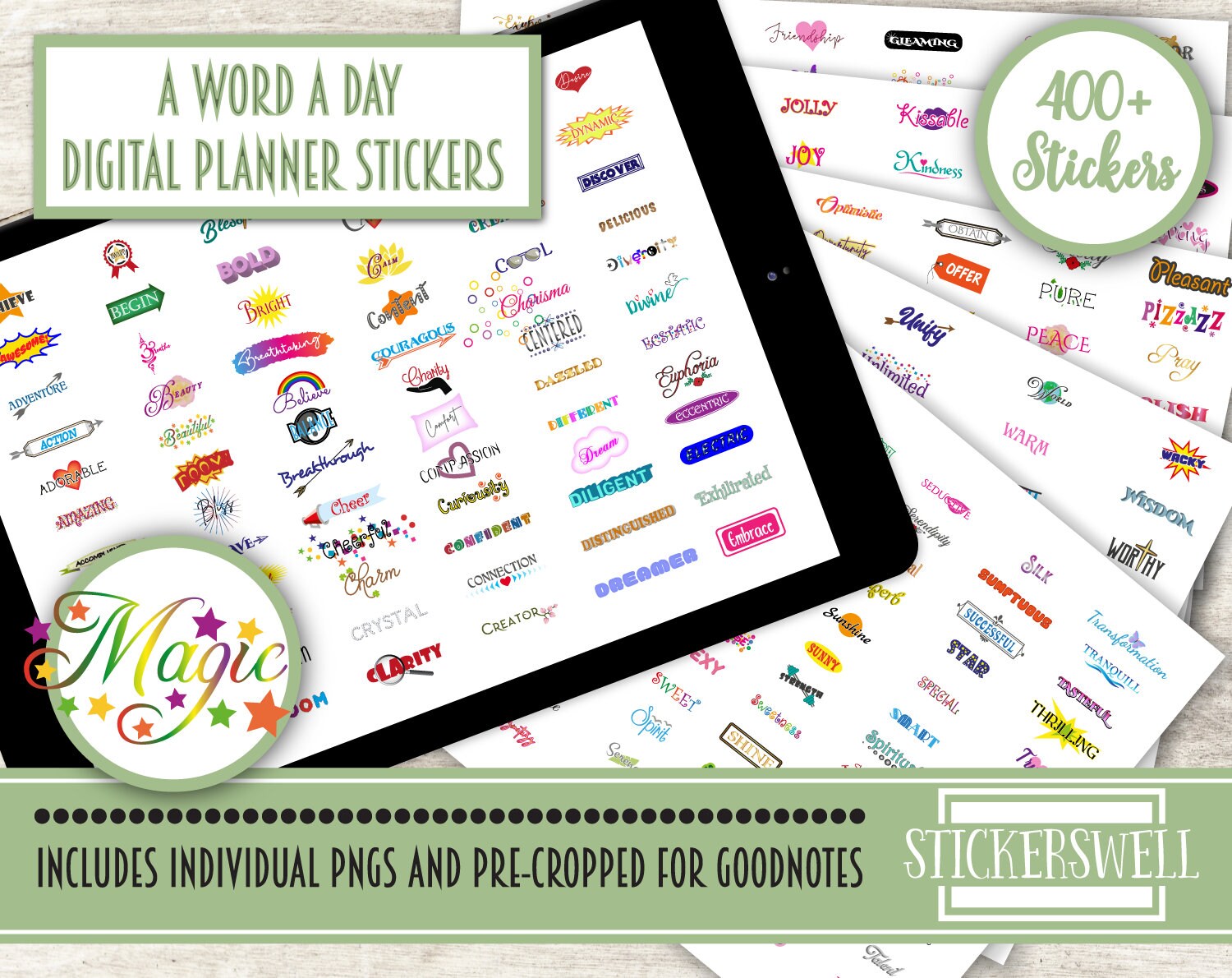 Word for the Day Digital Planner Stickers, Pre-cropped Digital Stickers ...