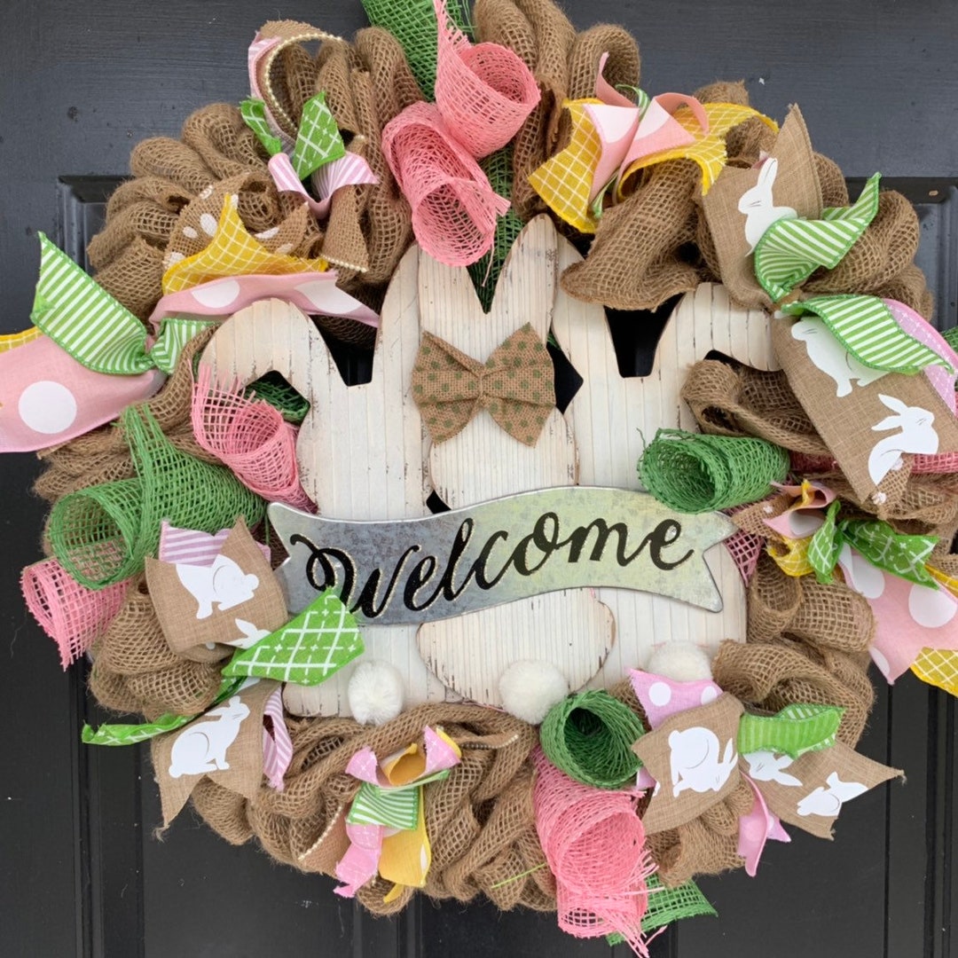 Welcome Spring Bunnies Burlap Wreath, **ask About Shipping**/welcome ...