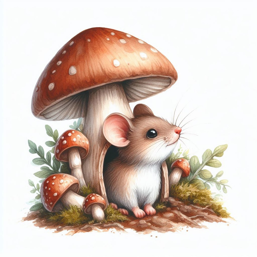 10 Mouse in a Mushroom House Clipart, Watercolor Mouse JPG Images ...