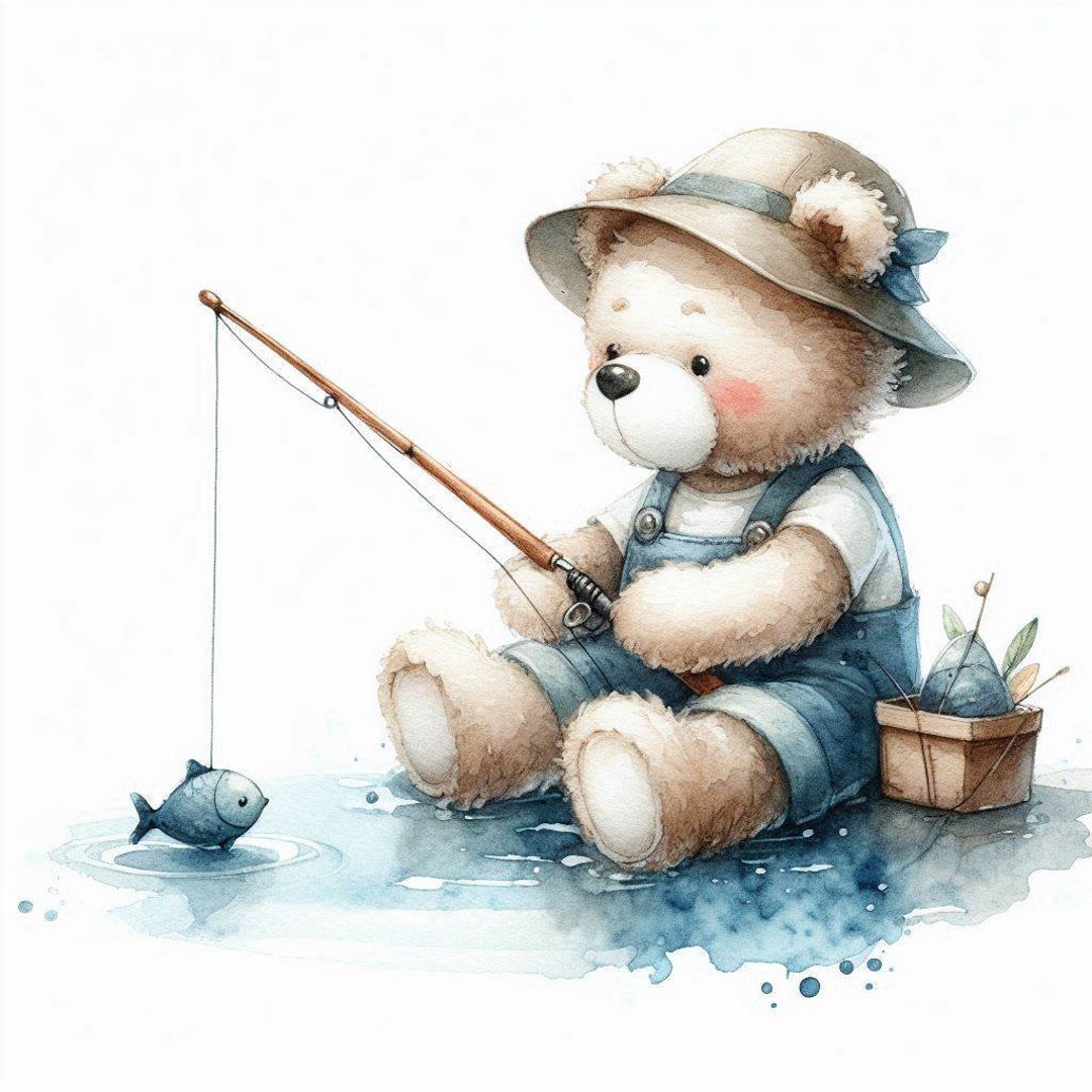 13 Teddy Fishing Bear Clipart, Watercolor Blue Teddy Bear Clipart, - Etsy