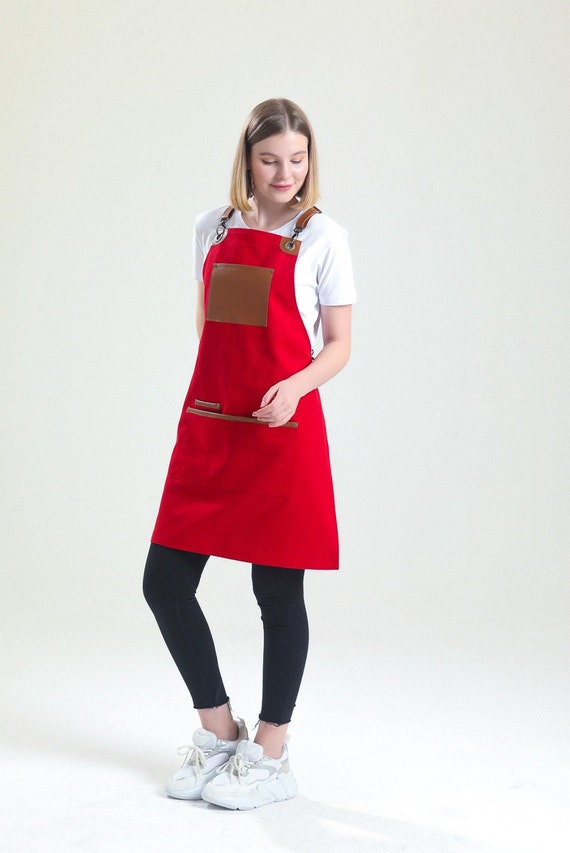 Red Apron With Wide Pockets faux Brown Leather Straps apron for Women apron for Men apron gift teacher barista artist bartender mixologist Etsy Canada