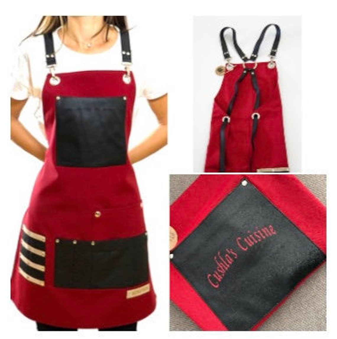 Red Unisex Apron-extra Pocket Design Apron-customized | Etsy