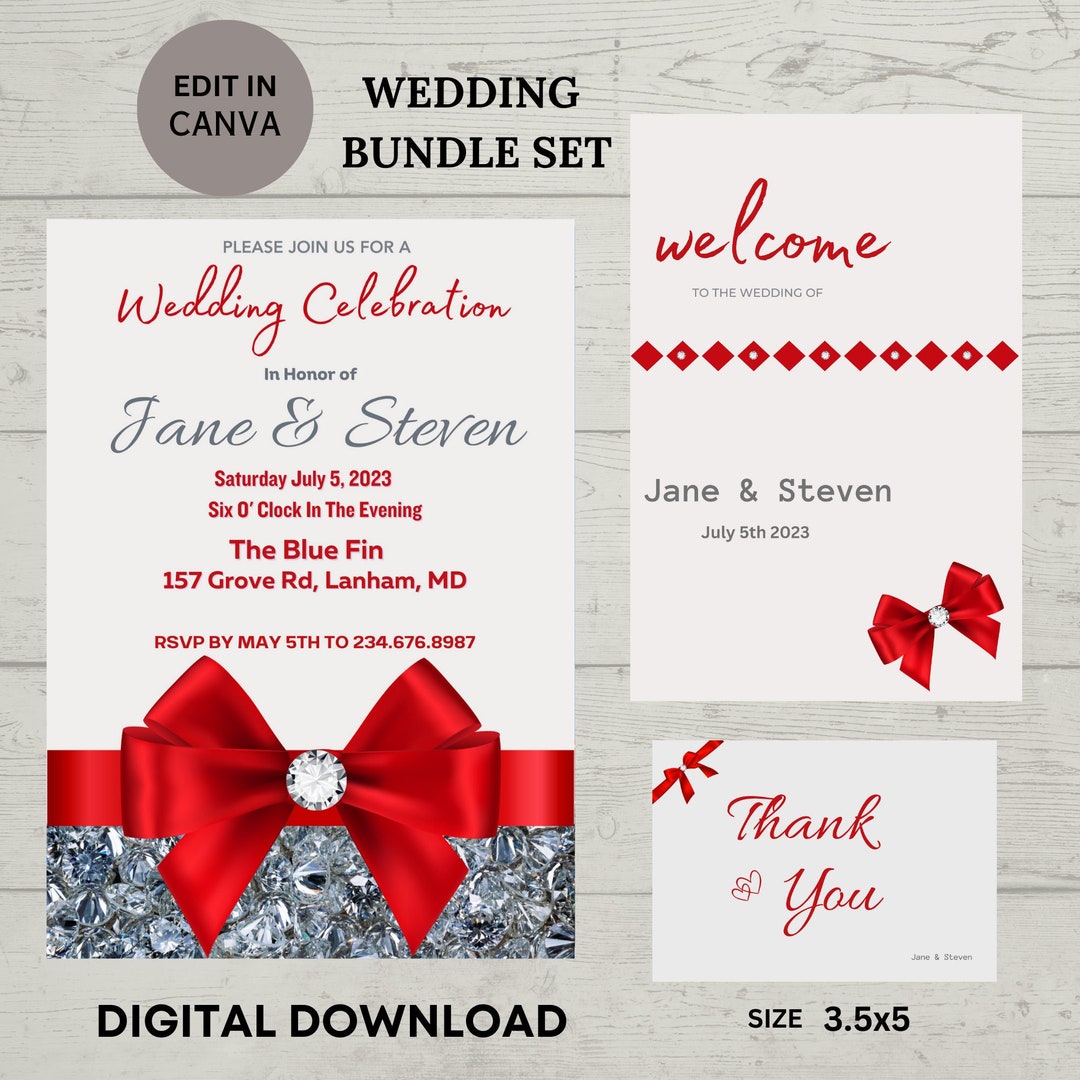 Wedding Invitation Bundle Set, Red and Silver Theme, Wedding Welcome ...