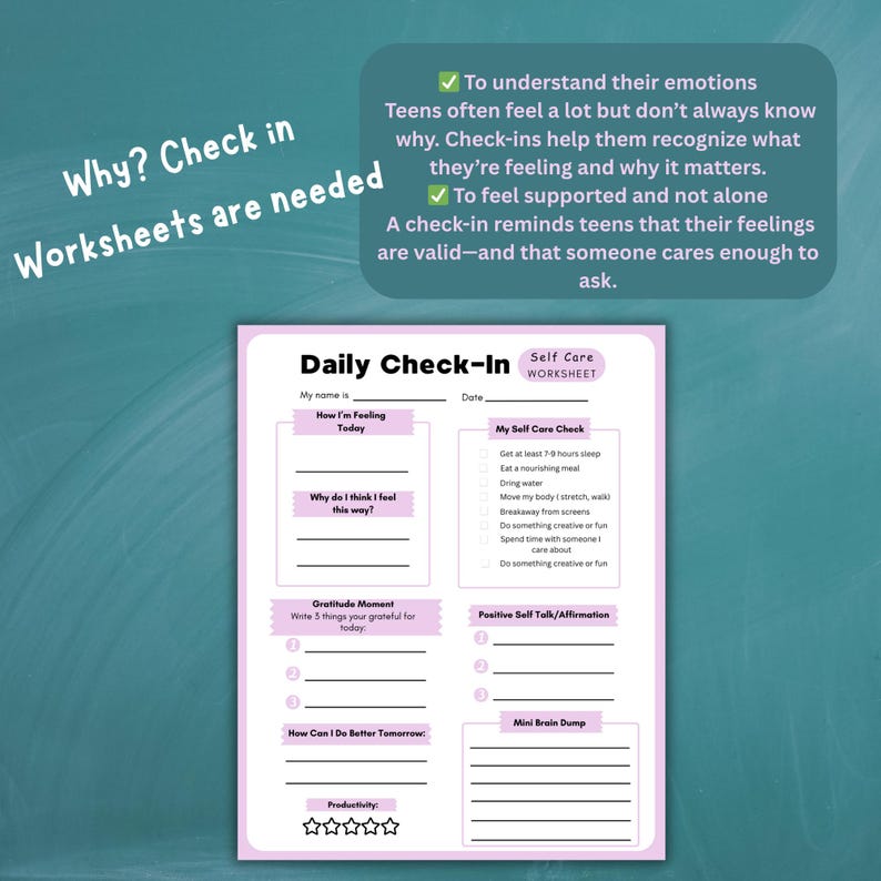 Daily Teen Check-in Worksheet Printable, Self-care Reflection Journal ...