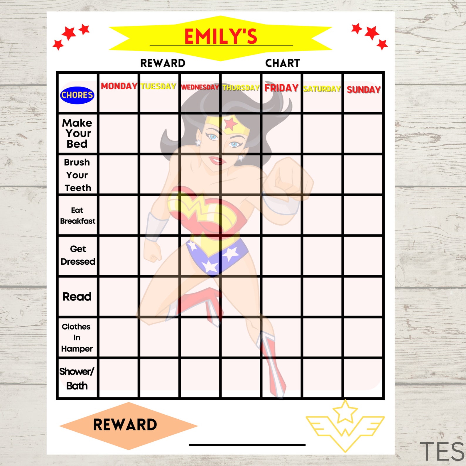 Reward Chart, Chore Chart for Kids, Wonder Woman Chart, Responsibility ...