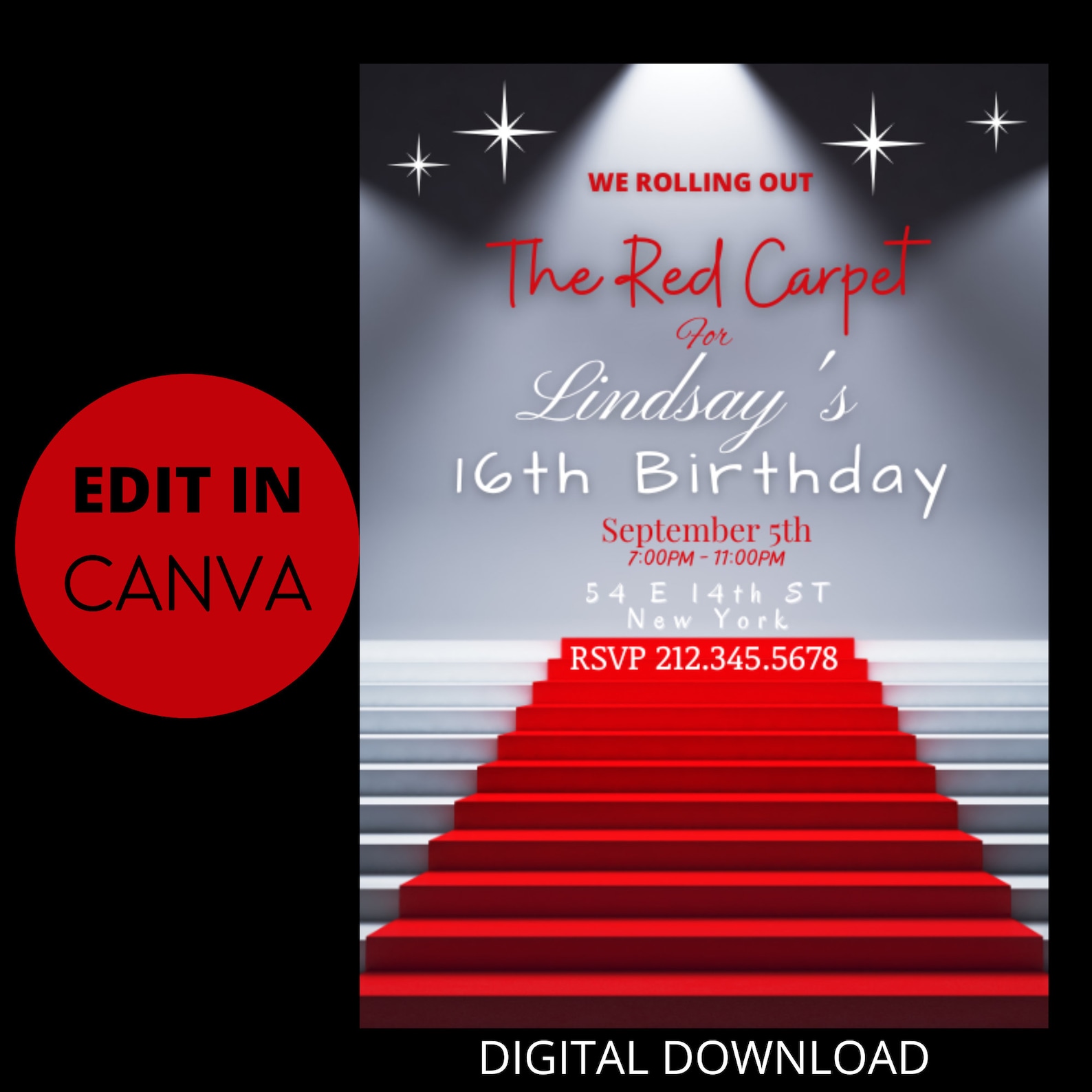 Editable Red Carpet Invitation, Hollywood Invitation, Red Carpet ...