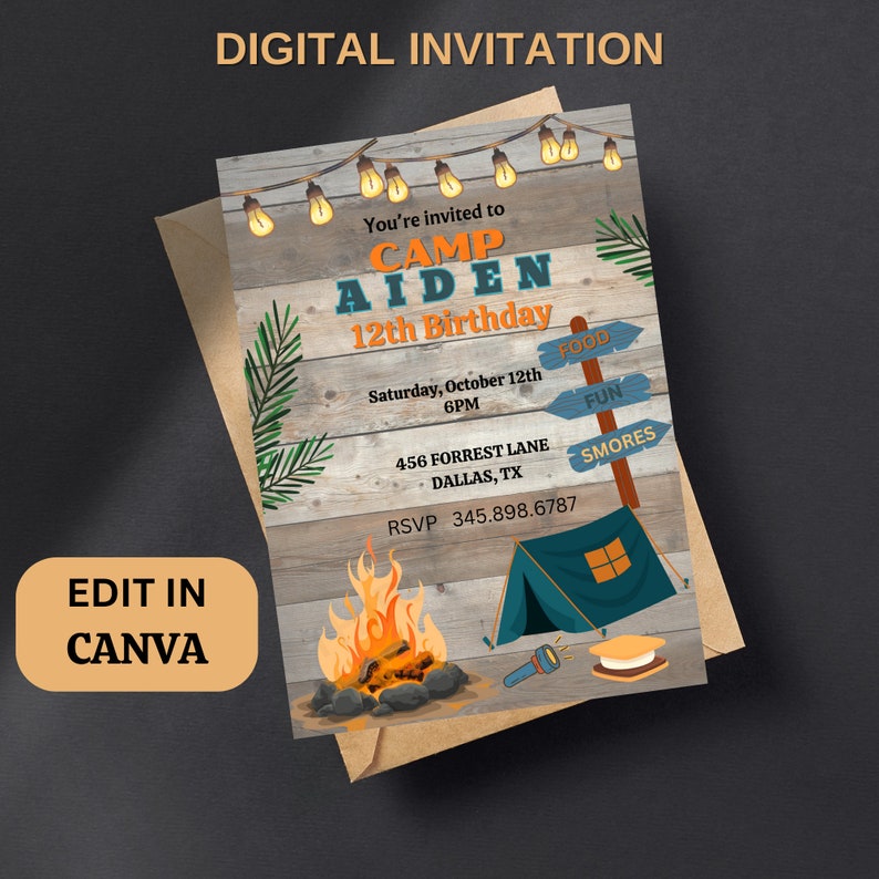 Camping Birthday Invitation, Camp Party Theme, Bonfire Party, Camping ...