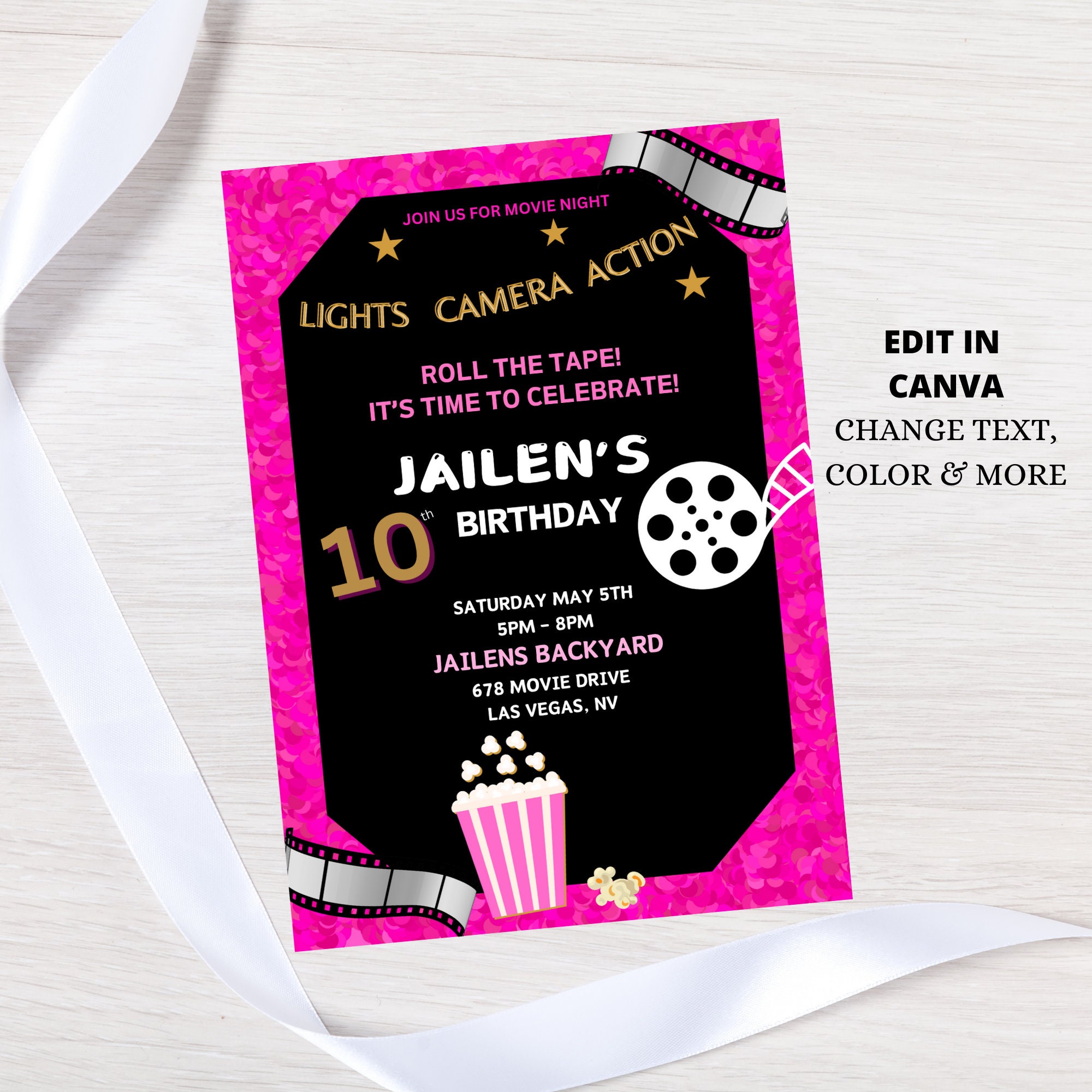 Movie Night Invitation, Movie Night Birthday, Hollywood Birthday Party ...