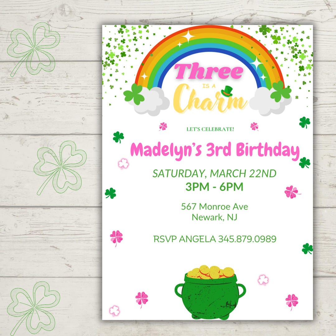 Three is a Charm Birthday Invitation, St. Patrick's Day, Third Birthday ...