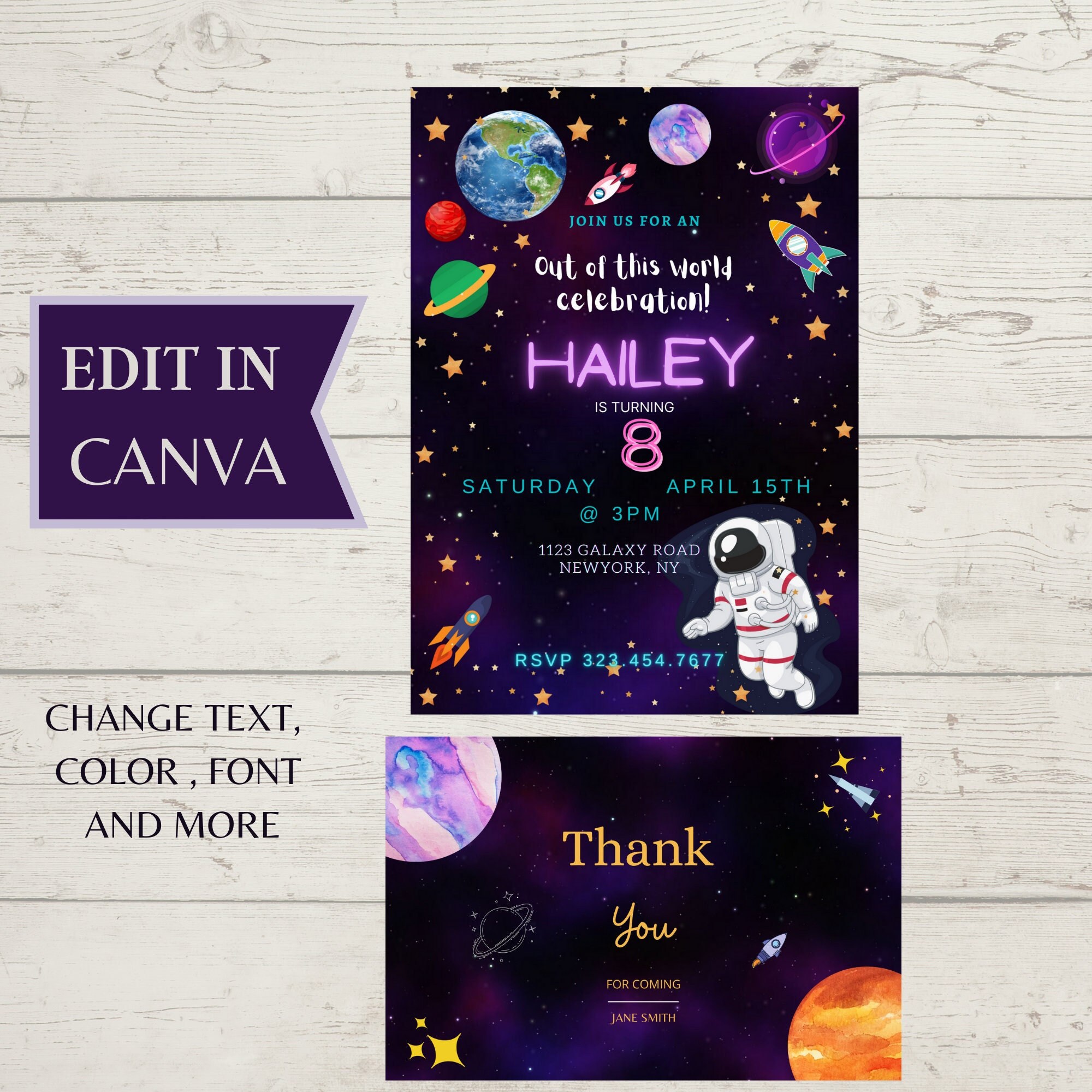 Space Birthday Invitation, Thank You Card, Space Birthday Party, Space ...