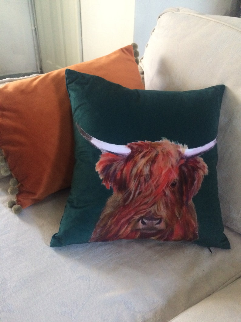 Highland Cow Cushion Cover on Dark Teal Pine Velvet Country | Etsy