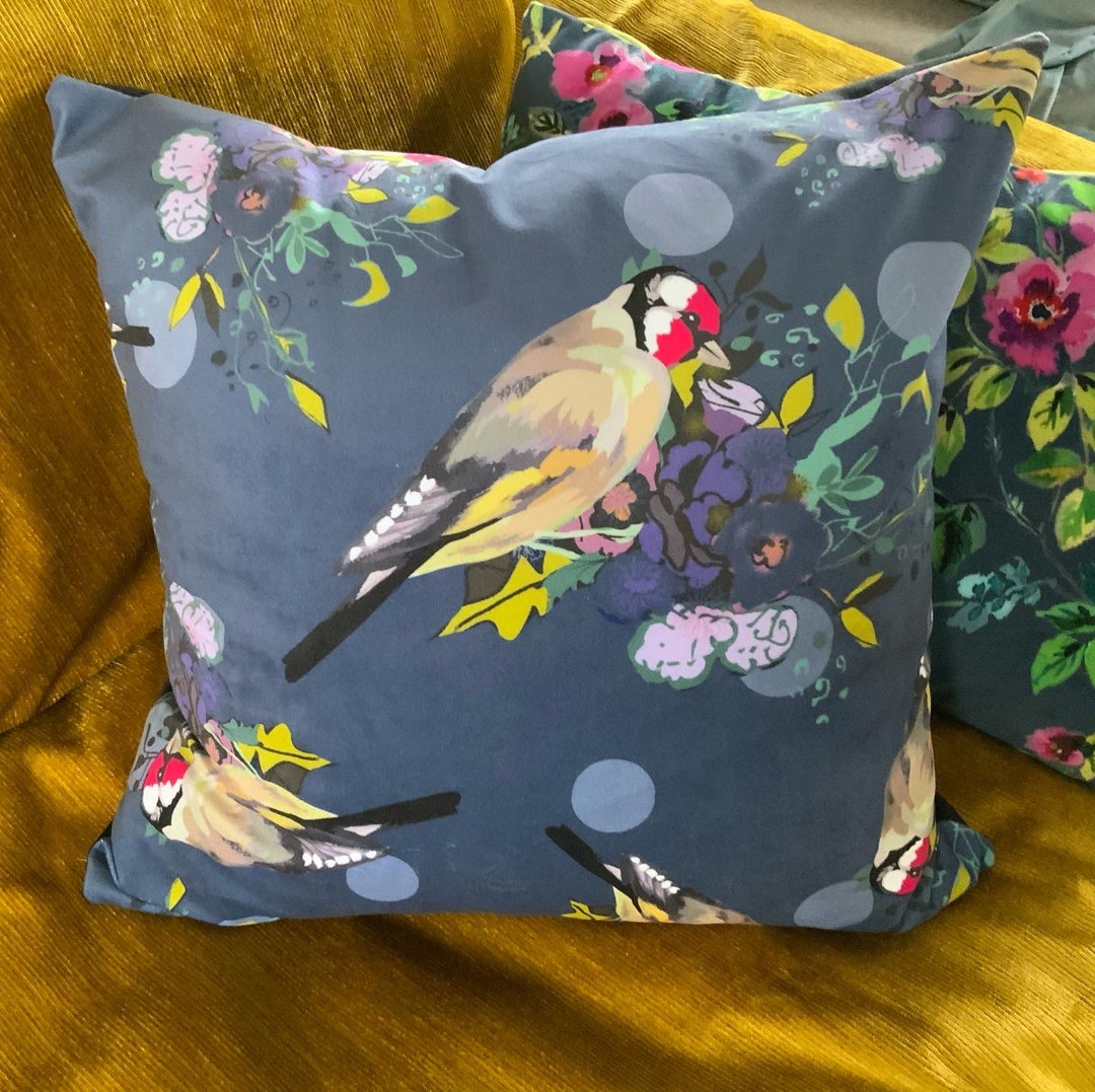 Goldfinch Cushion Cover Blue Velvet Beautiful Garden Bird Gardener Best ...