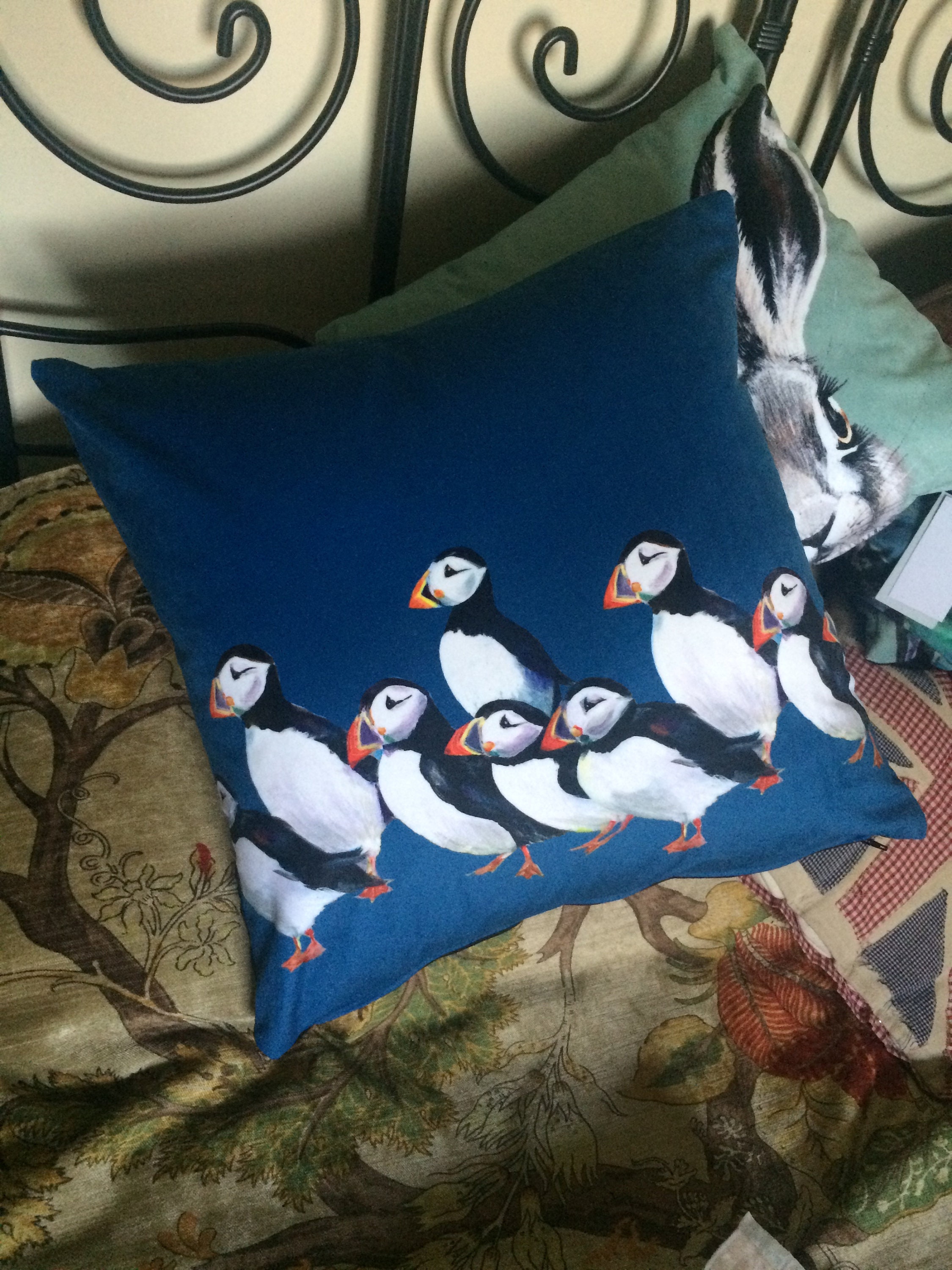 Puffin cushion cover in classic blue velvet handmade coastal - Etsy