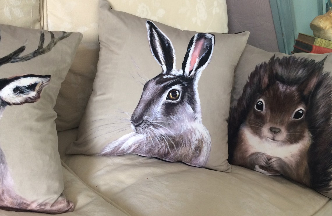 Hare cushion cover looking left or right handmade in velvet | Etsy