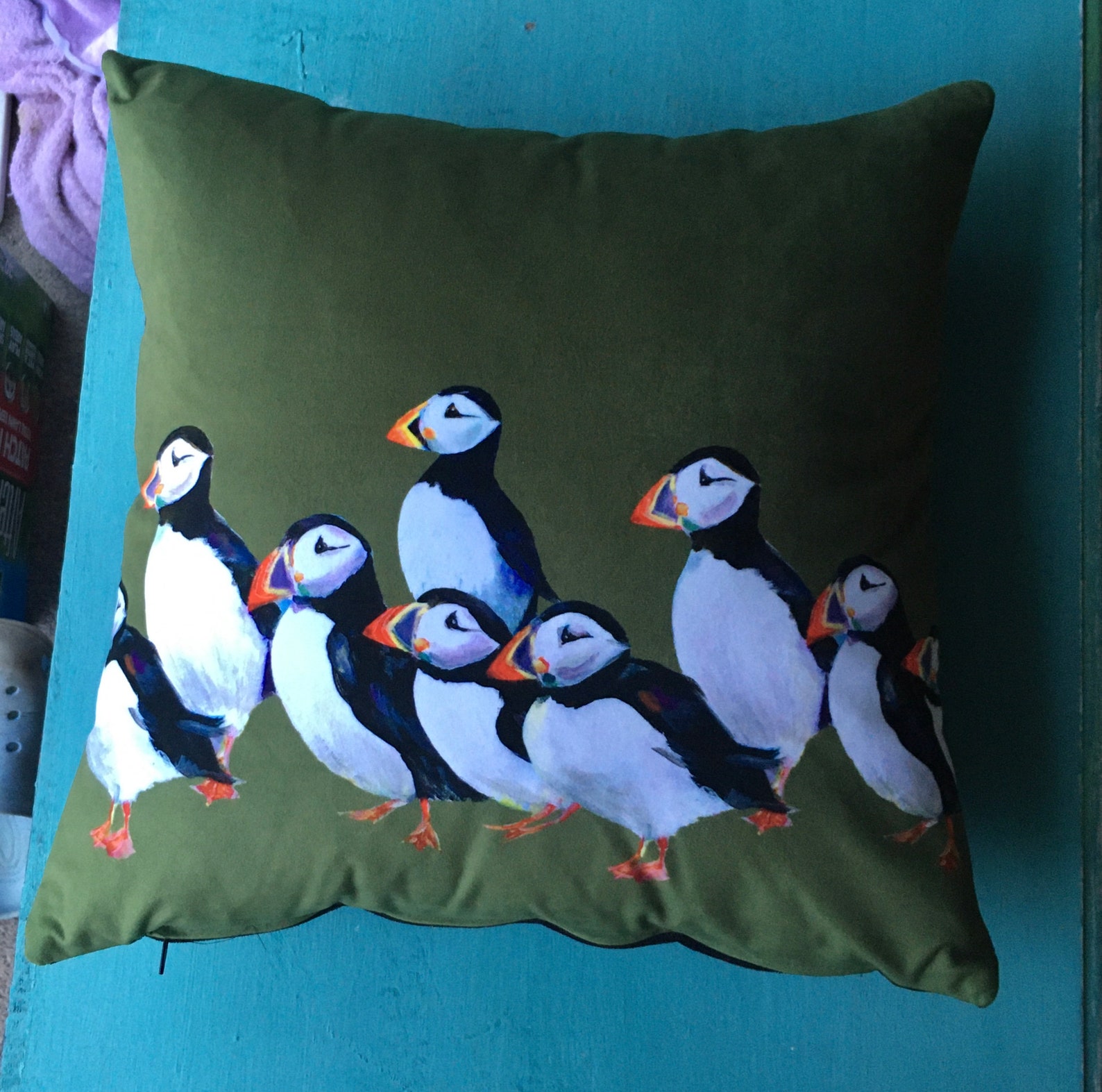 Puffin Velvet Cushion Cover, Olive Green Coastal Cottage Decor - Etsy UK