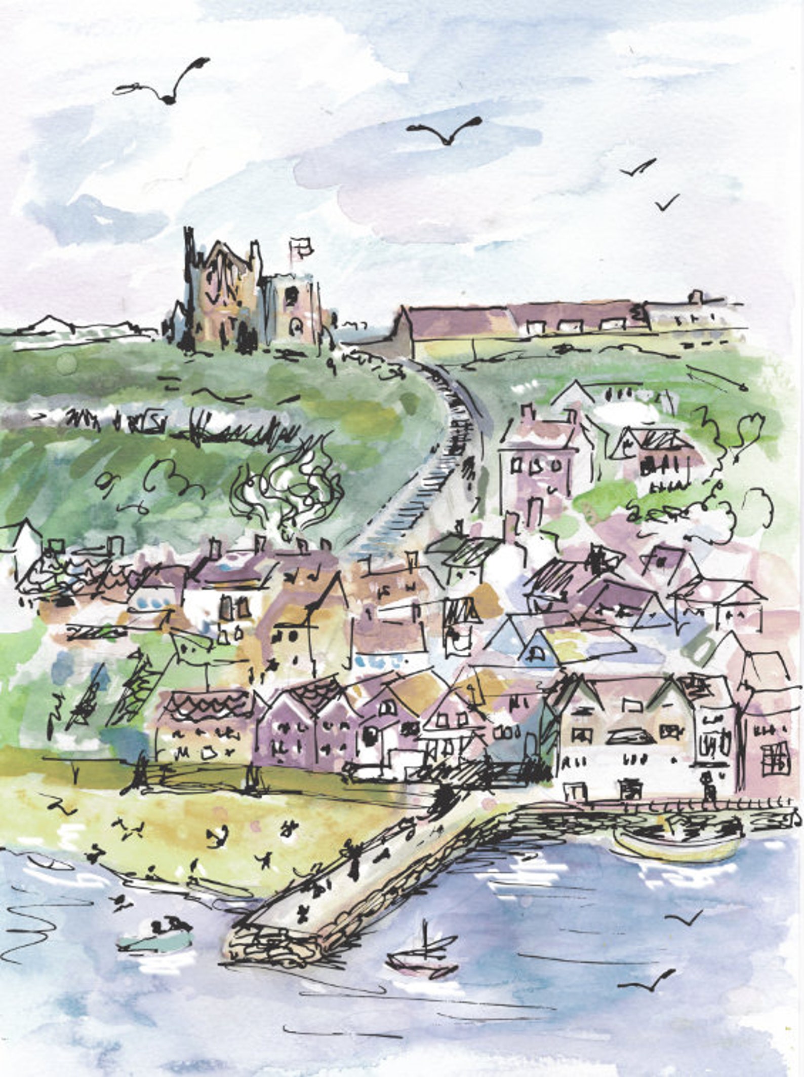 Whitby Print at Dusk Signed Framed Coastal Holiday Resort Memory to ...