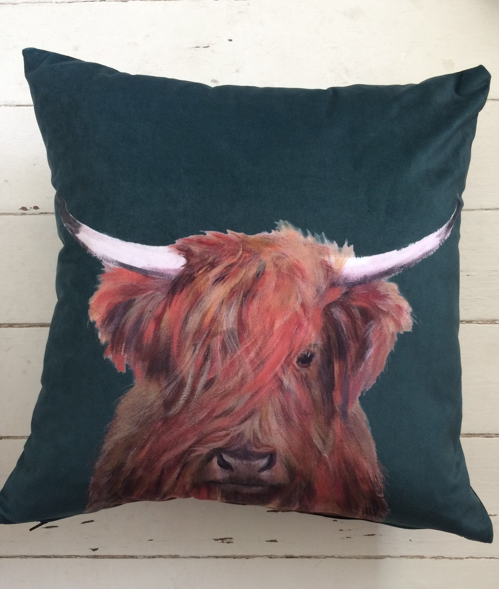 Highland Cow Cushion Cover on Dark Teal Pine Velvet Country - Etsy