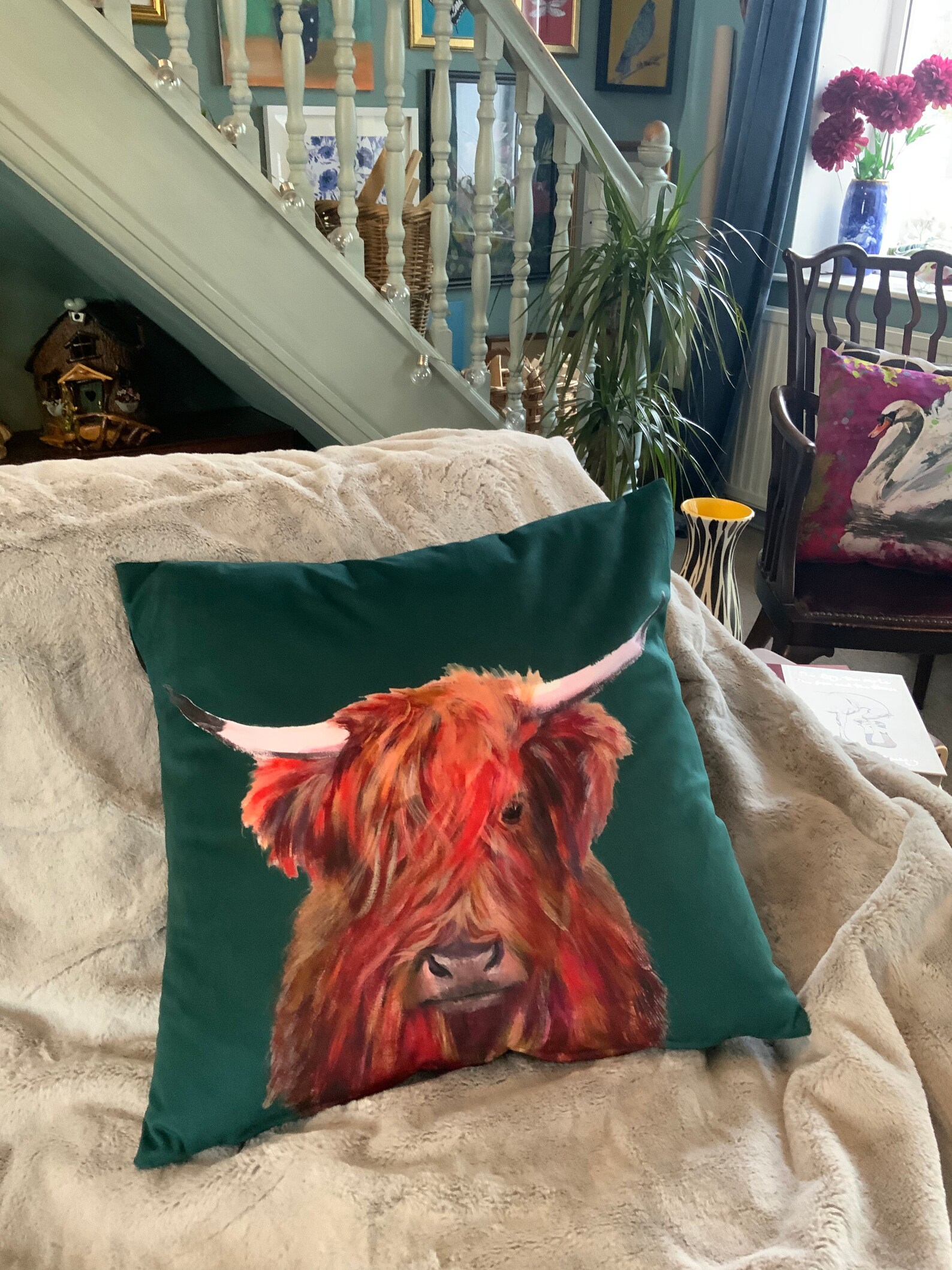 Highland Cow Cushion Cover on Dark Teal Pine Velvet Country - Etsy
