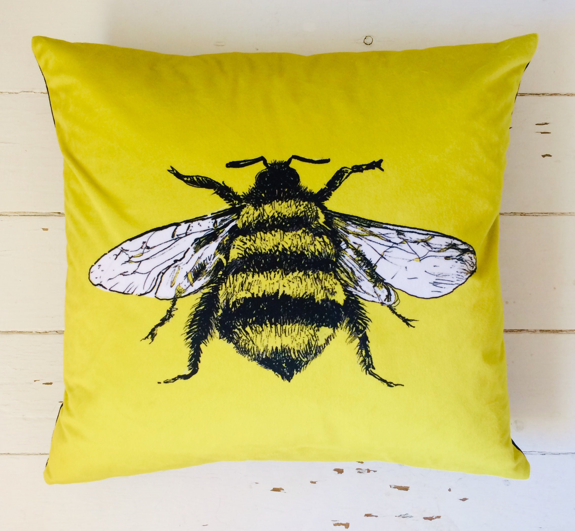 Bee cushion cover handmade in canary yellow velvet stunning | Etsy