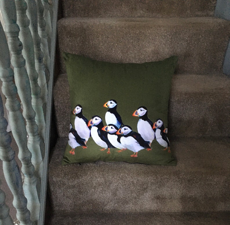 Puffin Velvet Cushion Cover, Olive Green Coastal Cottage Decor - Etsy UK