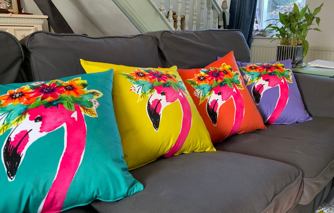 Flamingo cushion cover bright colours velvet chic funky kitsch | Etsy