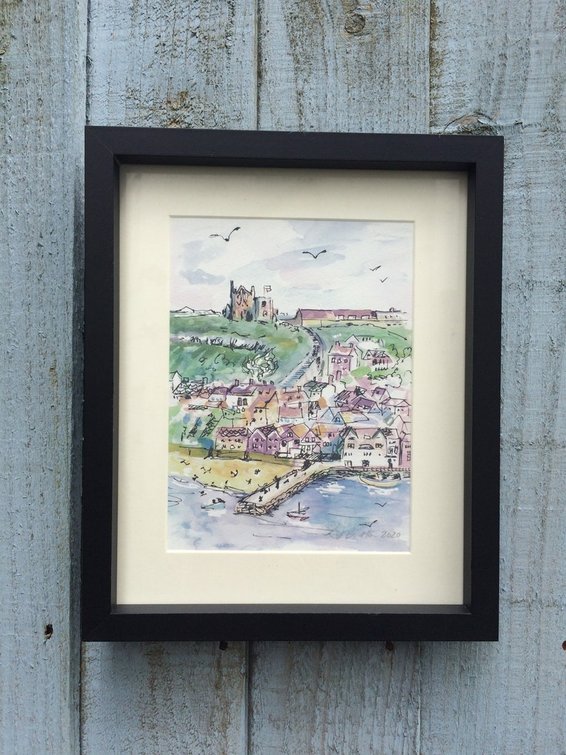 Whitby Print at Dusk Signed Framed Coastal Holiday Resort Memory to ...