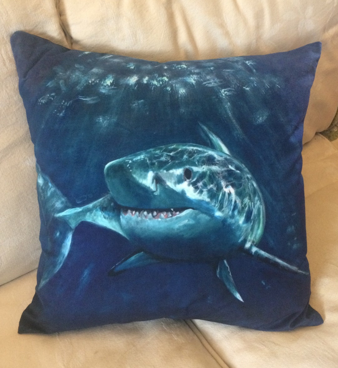 White Shark Velvet Cushion Cover – Ocean Blue Marine Art Fast - Etsy