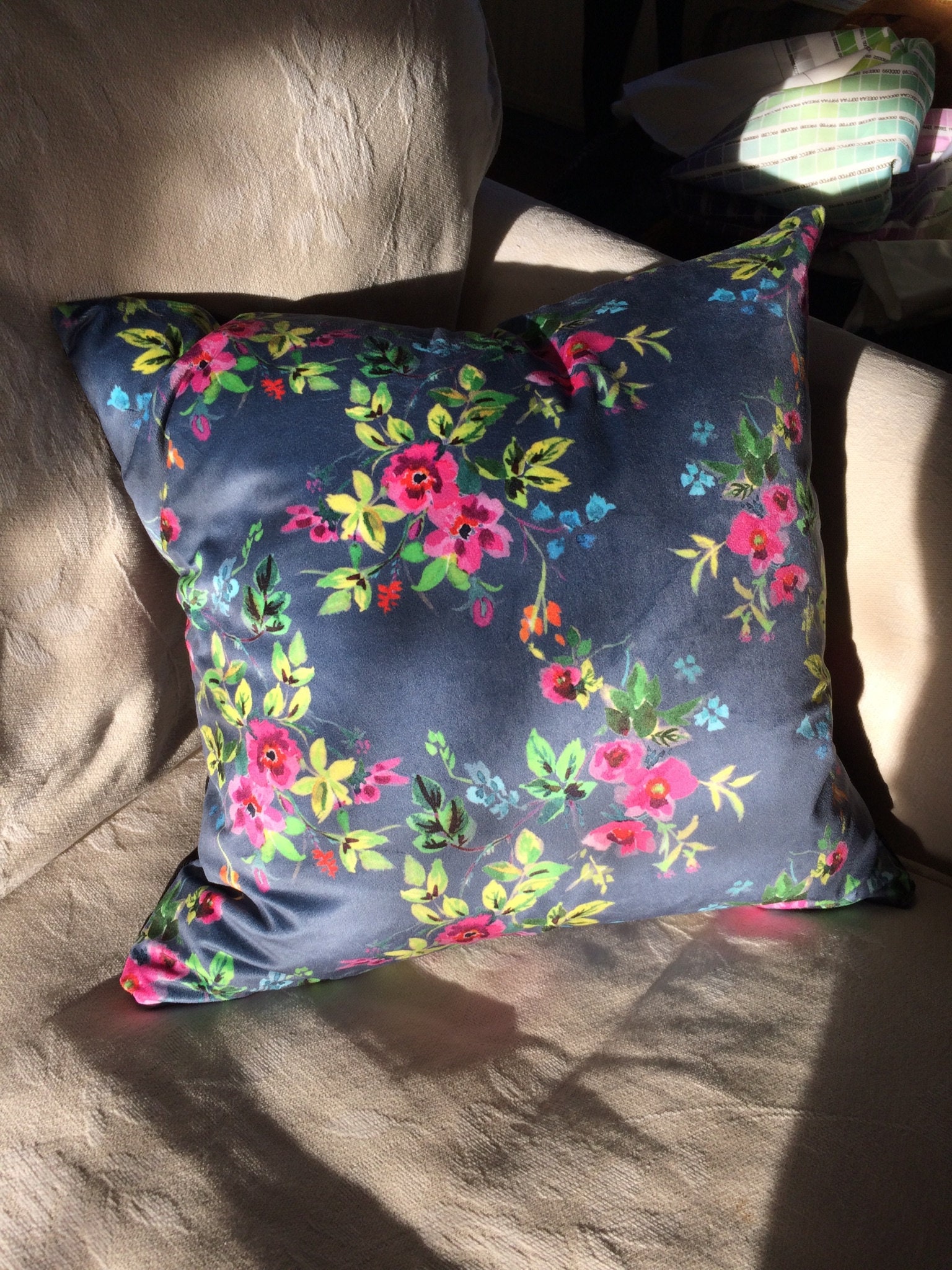 Blue Velvet Floral Cushion Cover, Country Farmhouse Decor - Etsy UK