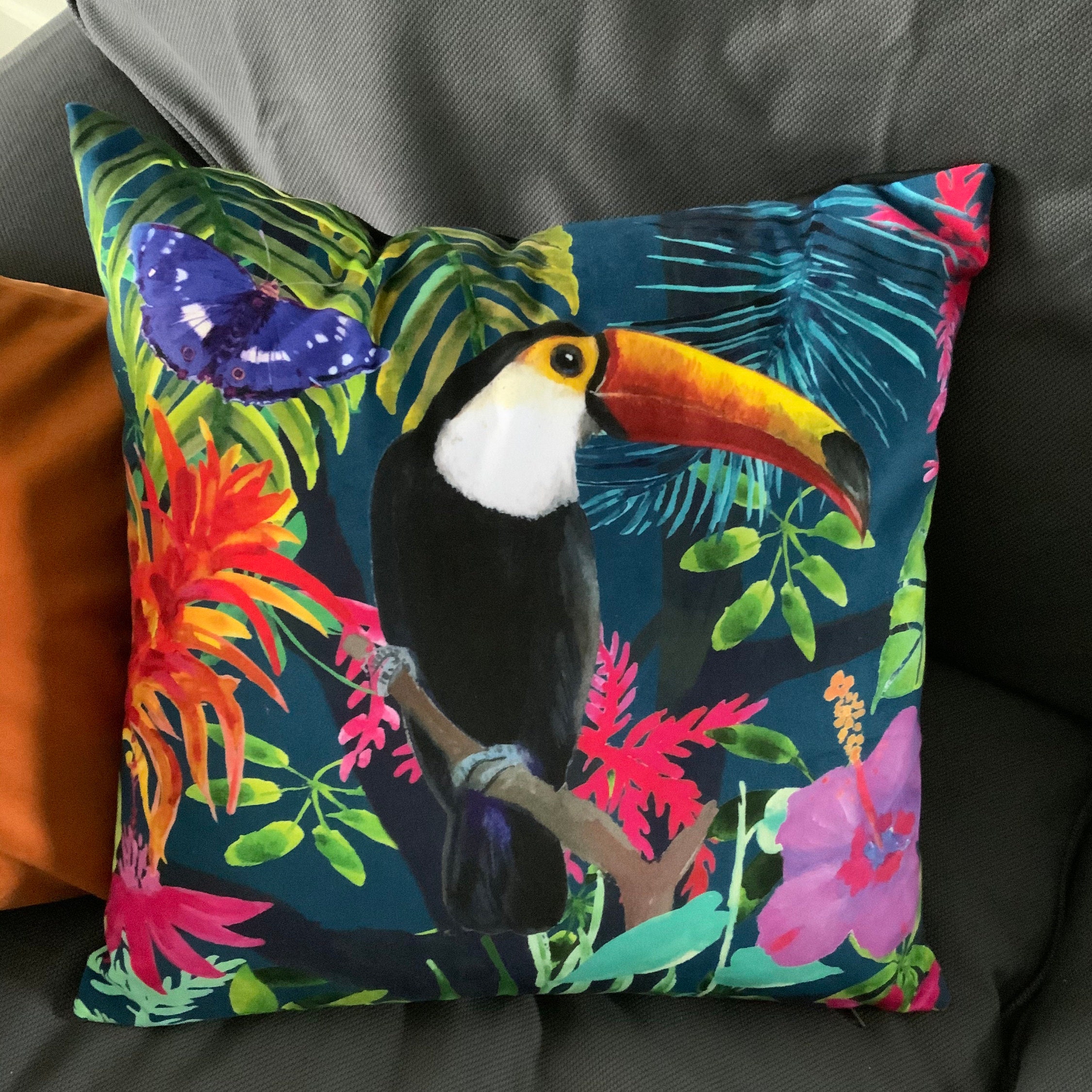 Toucan & Macaw parrot Cushion covers navy velvet stunning | Etsy